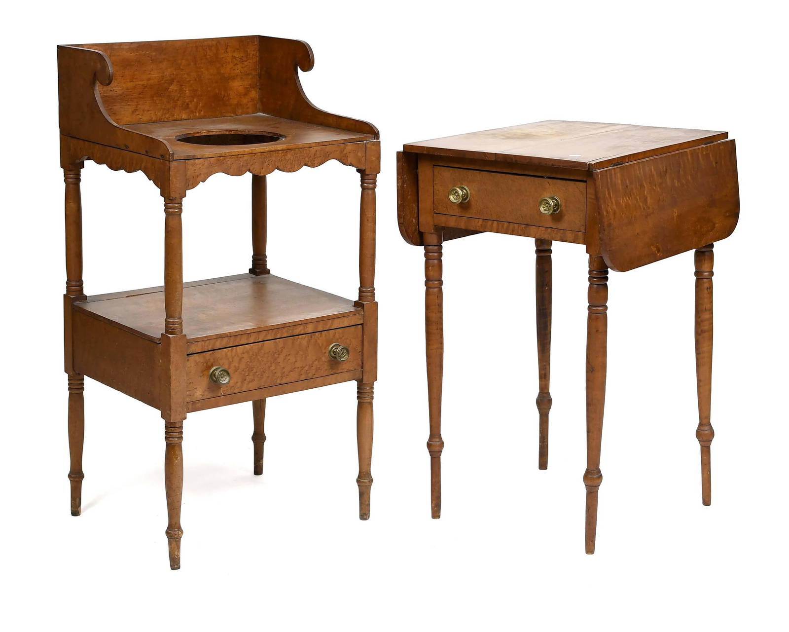 Two 19th C. Birdseye Maple Stands, Twitchell Farm. Auction