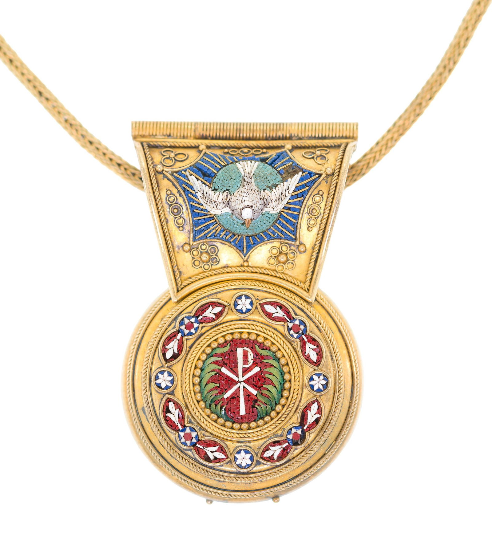 18k Victorian Micro Mosaic Bulla Pendant And Chain. Auction