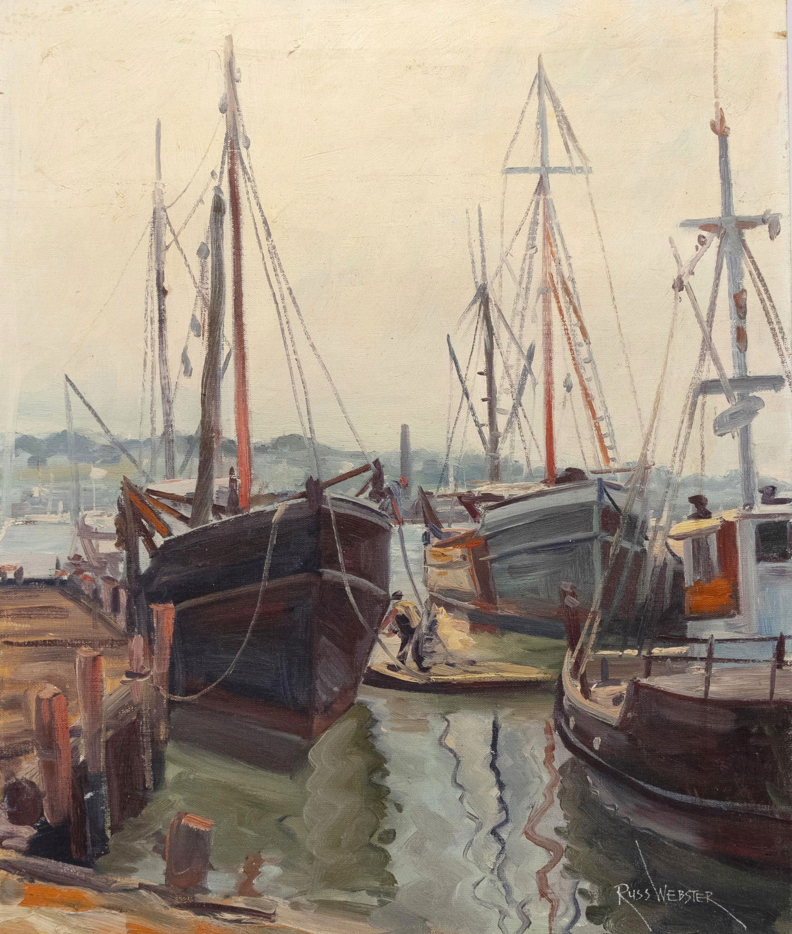 Russ Webster Oil On Canvas, Boats In Harbor. Auction