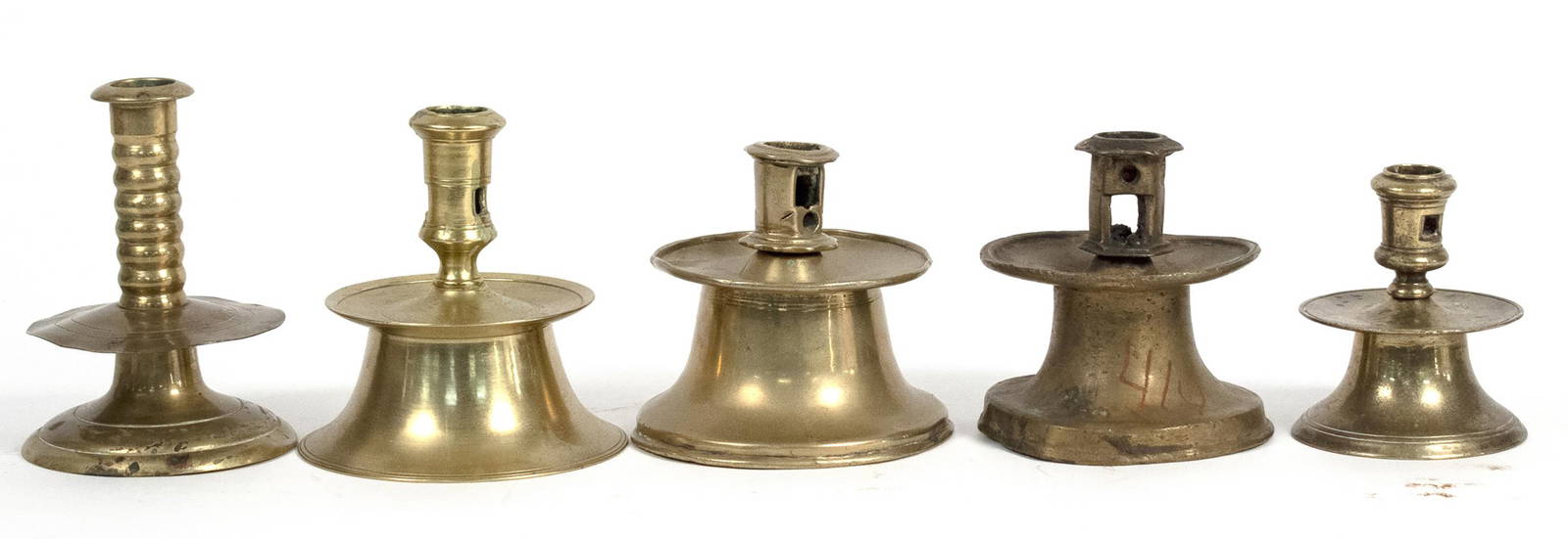 Five 18th C. Brass Capstan Candlesticks. Auction