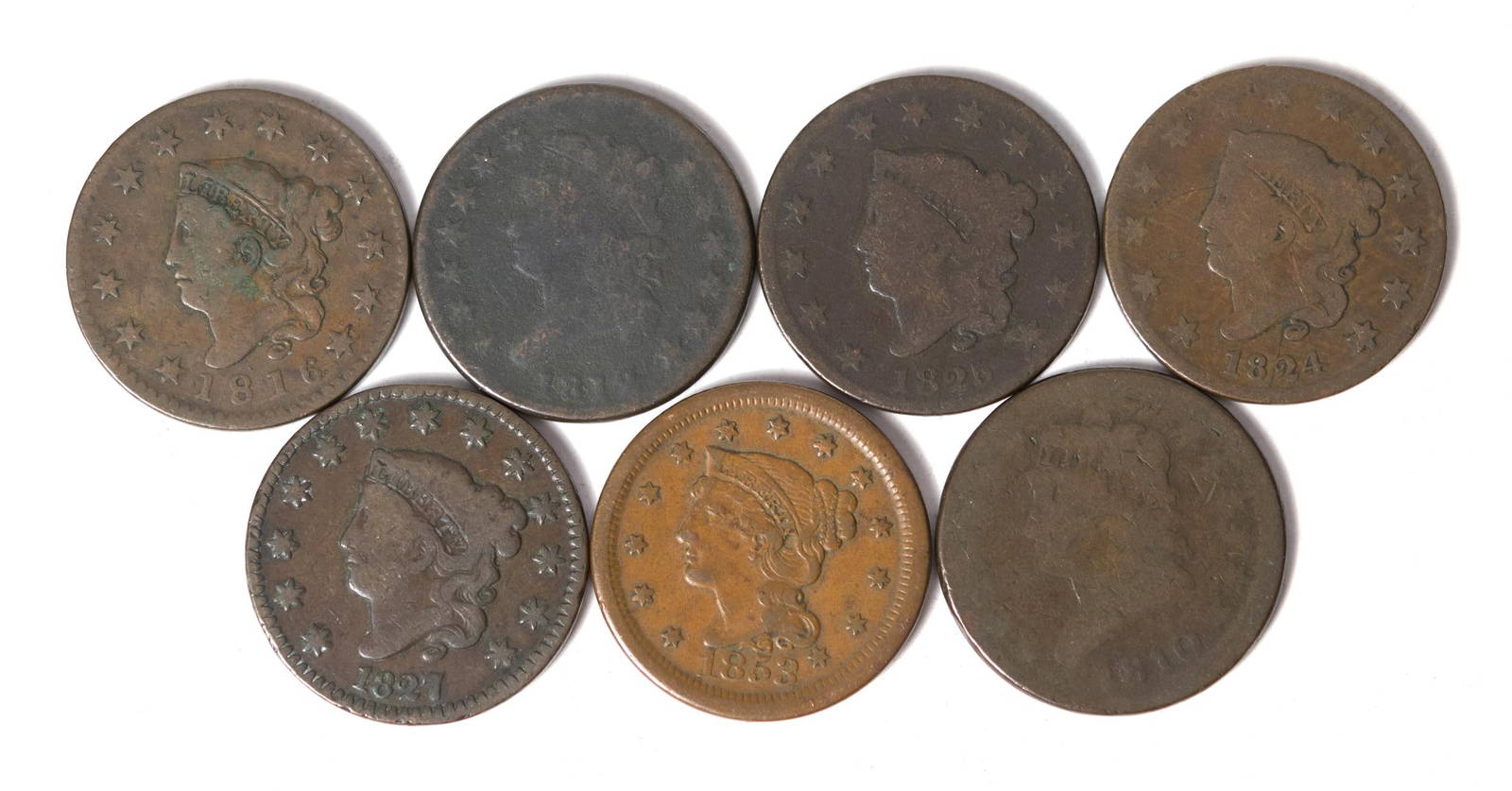 Seven Early/mid 19th C. American Large Cent Coins. Auction