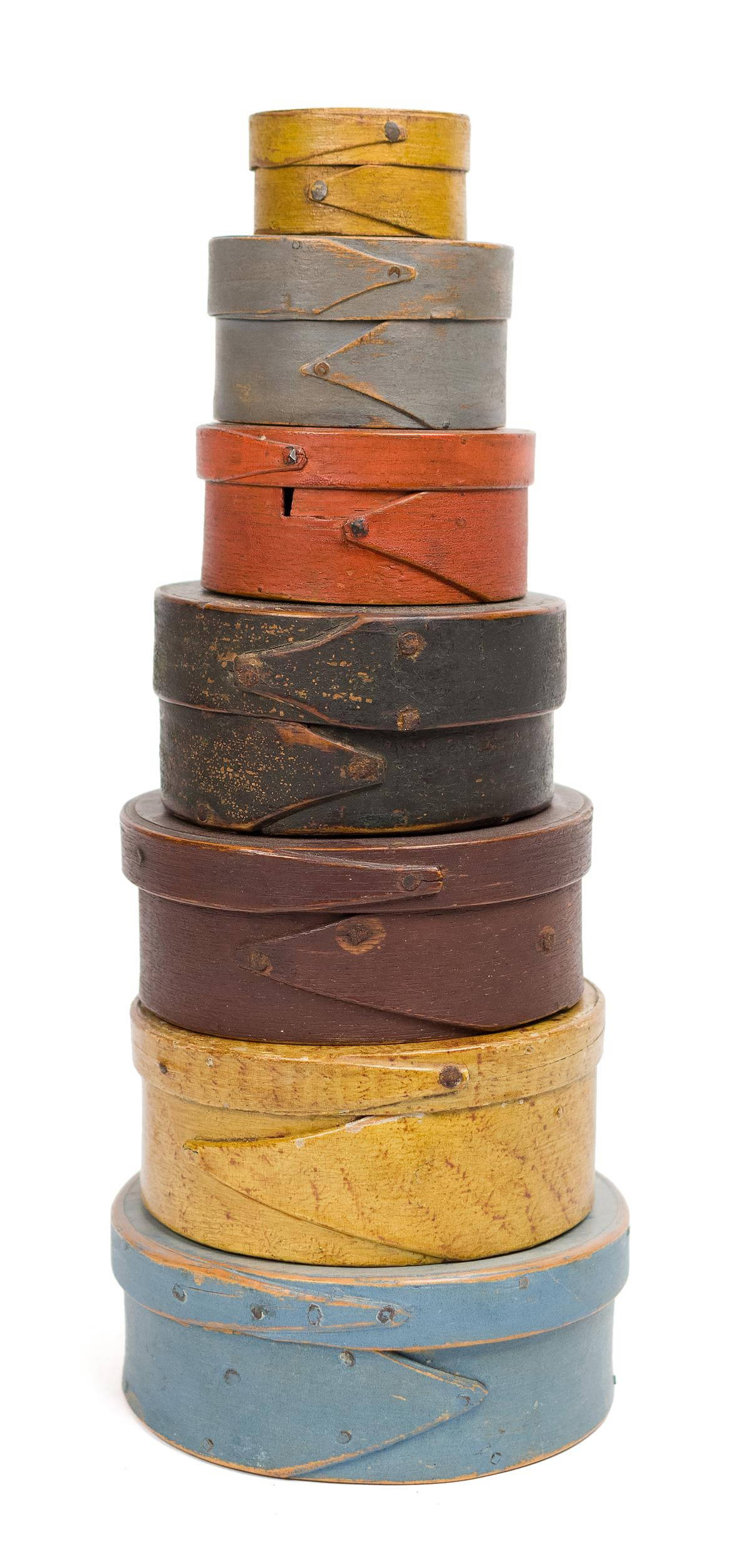 7 Nesting 19th C. Painted Round Finger Boxes. Auction