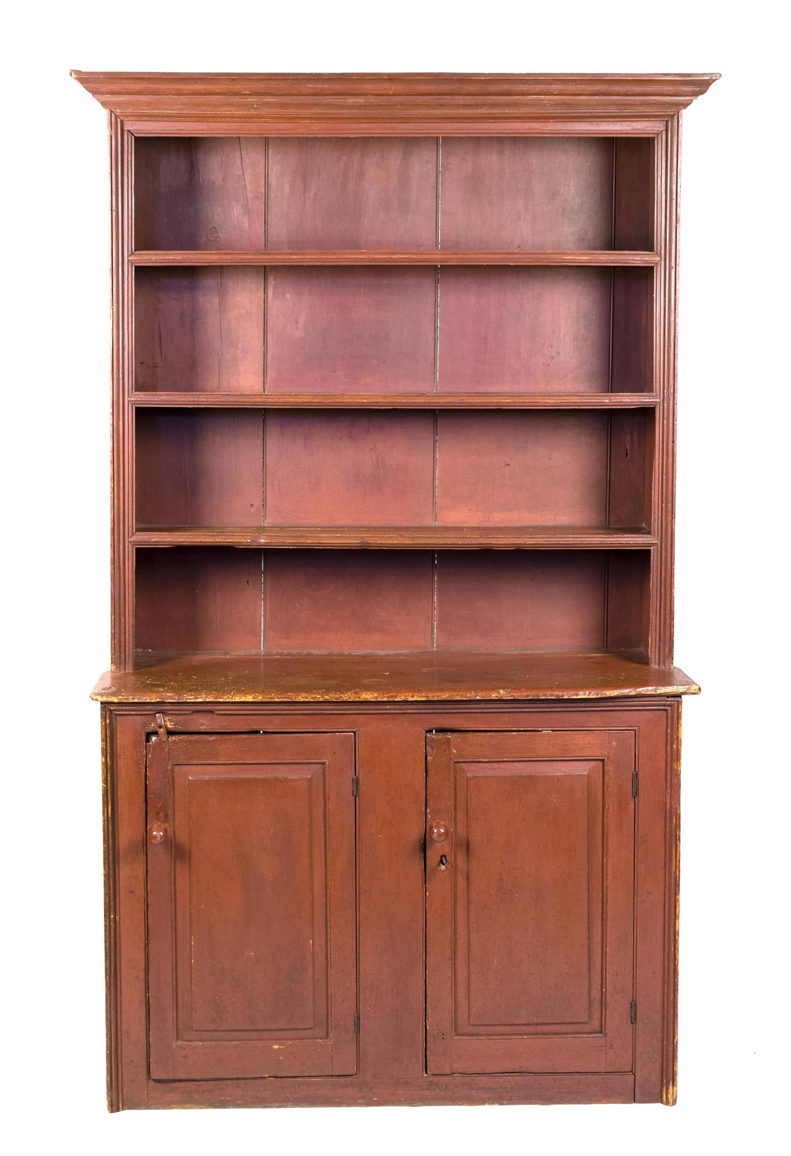 Late 18th C. Red Painted Step Back Cupboard. Auction