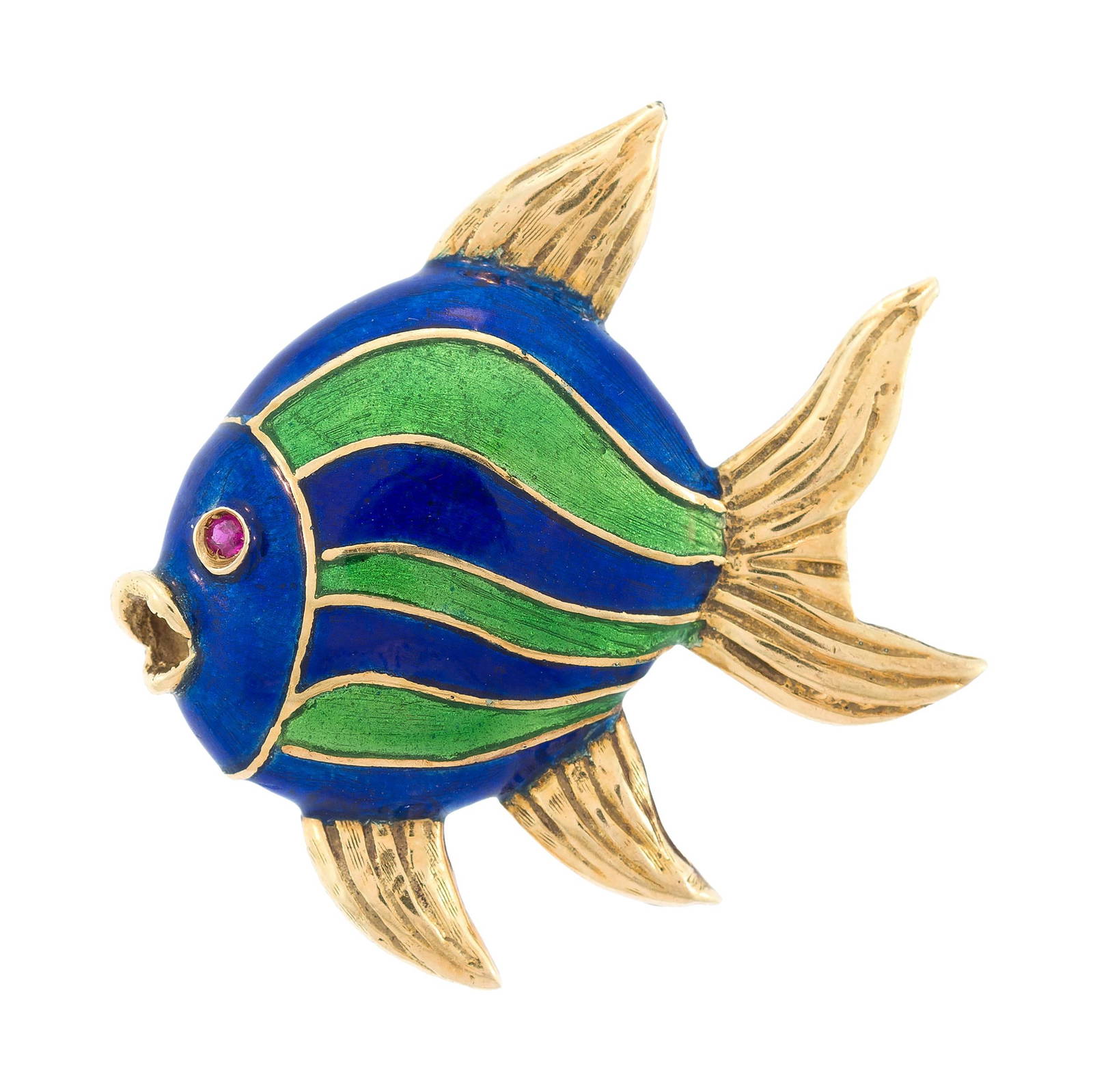 Cartier 18k Gold Blue & Green Enamel Fish Pin. Auction