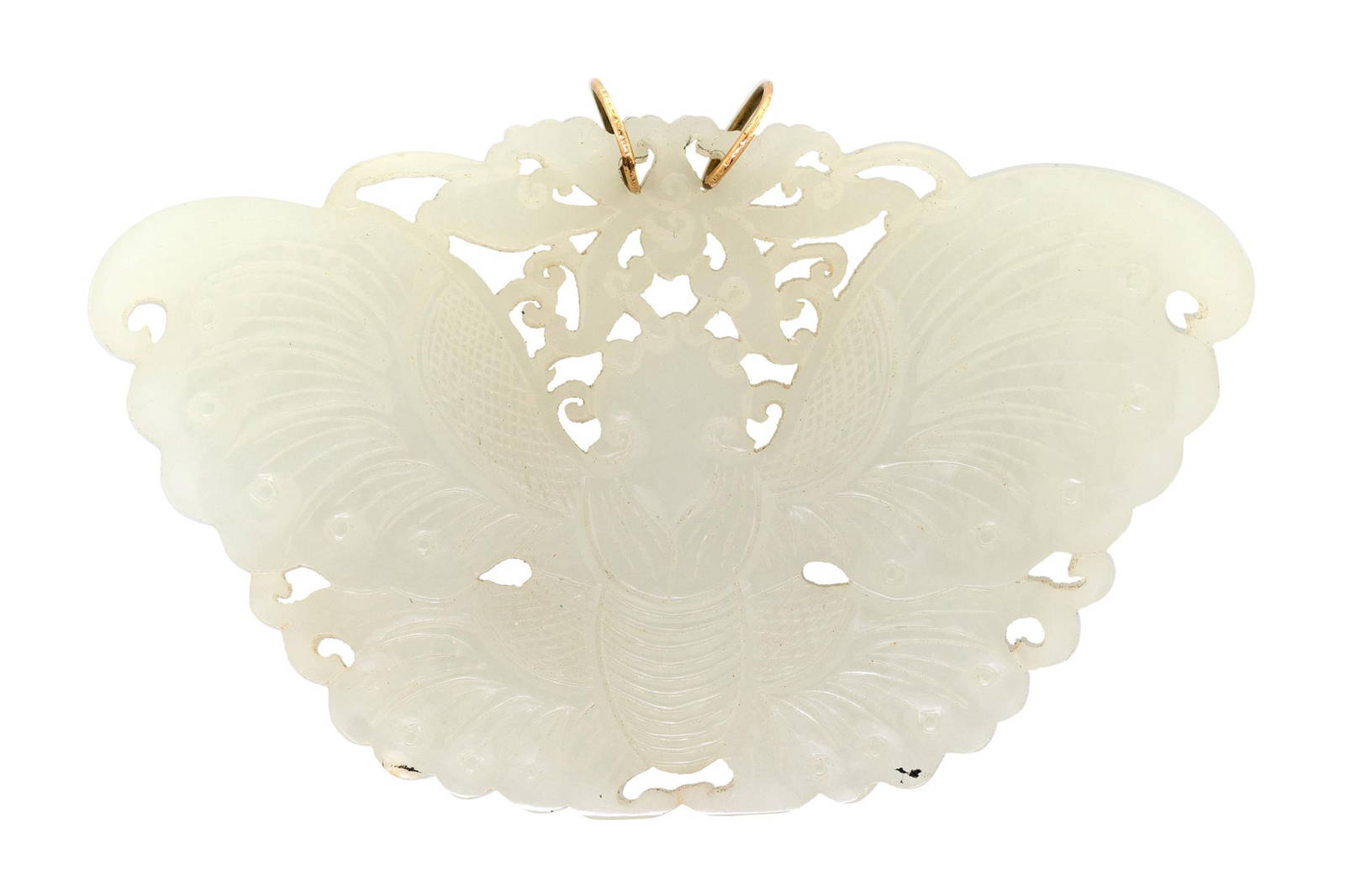 Chinese Carved White Jade Moth Pendant. Auction