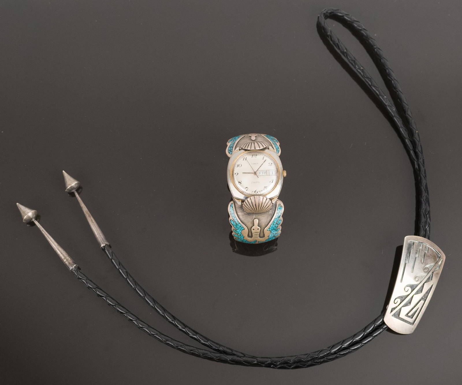 Sterling Navajo Watch Cuff & Overlay Bolo Tie. Auction