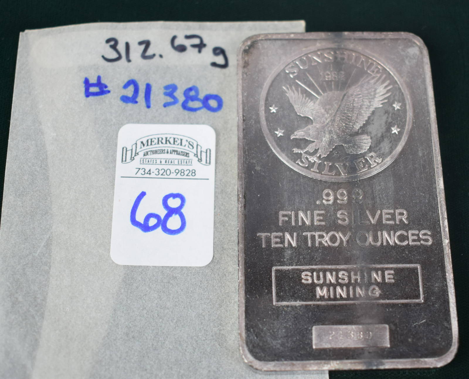 1982 Sunshine Mining .999 Fine Silver 10 Troy Ounces Bar (#0068) on Apr ...