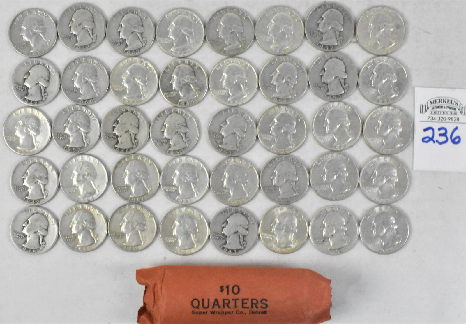 Roll Of 40 ($10 Face Value) Washington Quarters (90% Silver) Auction