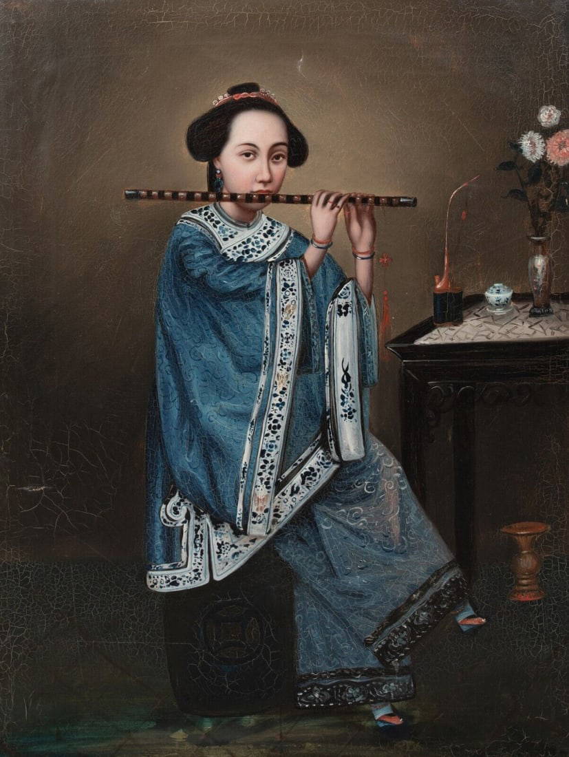 Portrait Of A Chinese Lady Playing The Flute Oil Painting Auction
