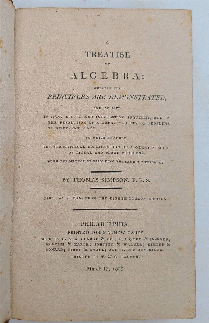 Thomas Simpson Americana's 1809 Treatise On Algebra Auction