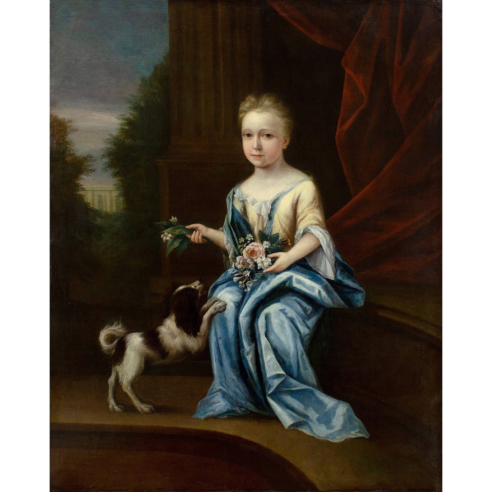 Portrait Of A Young Woman With Flowers And A Spaniel In Front Of A ...
