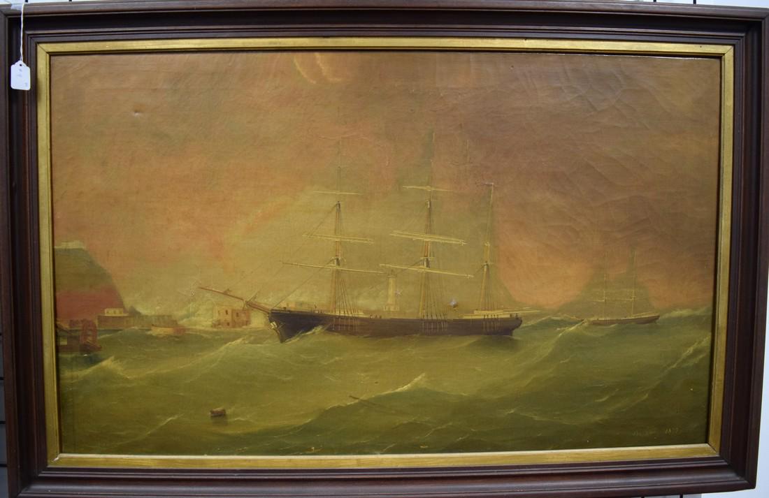 19th C Tomaso De Simone Oil Painting Of Ships In Rough