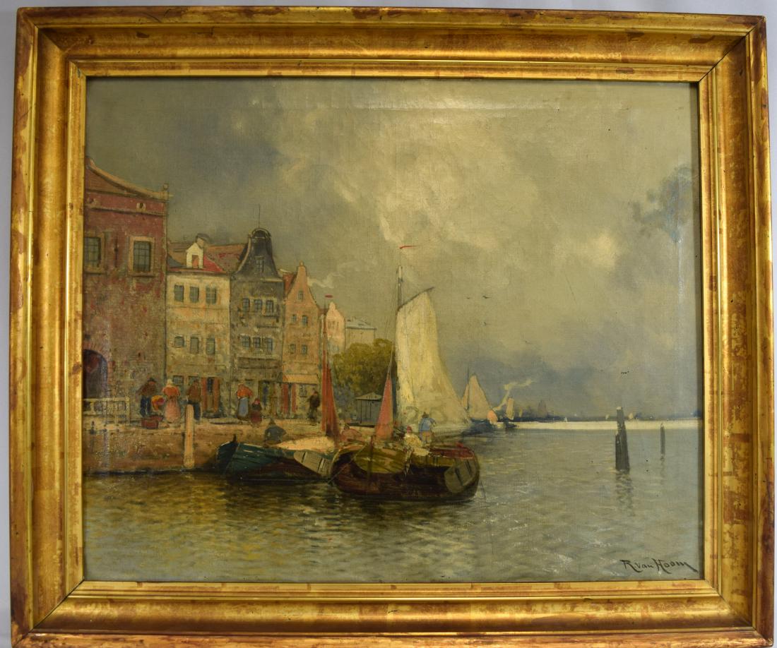 19TH C DUTCH HARBOR SCENE OIL ON CANVAS:
