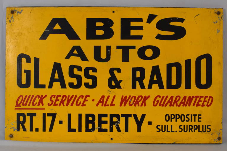 Vintage Abe's Auto Glass & Radio Sign, Liberty, Ny
