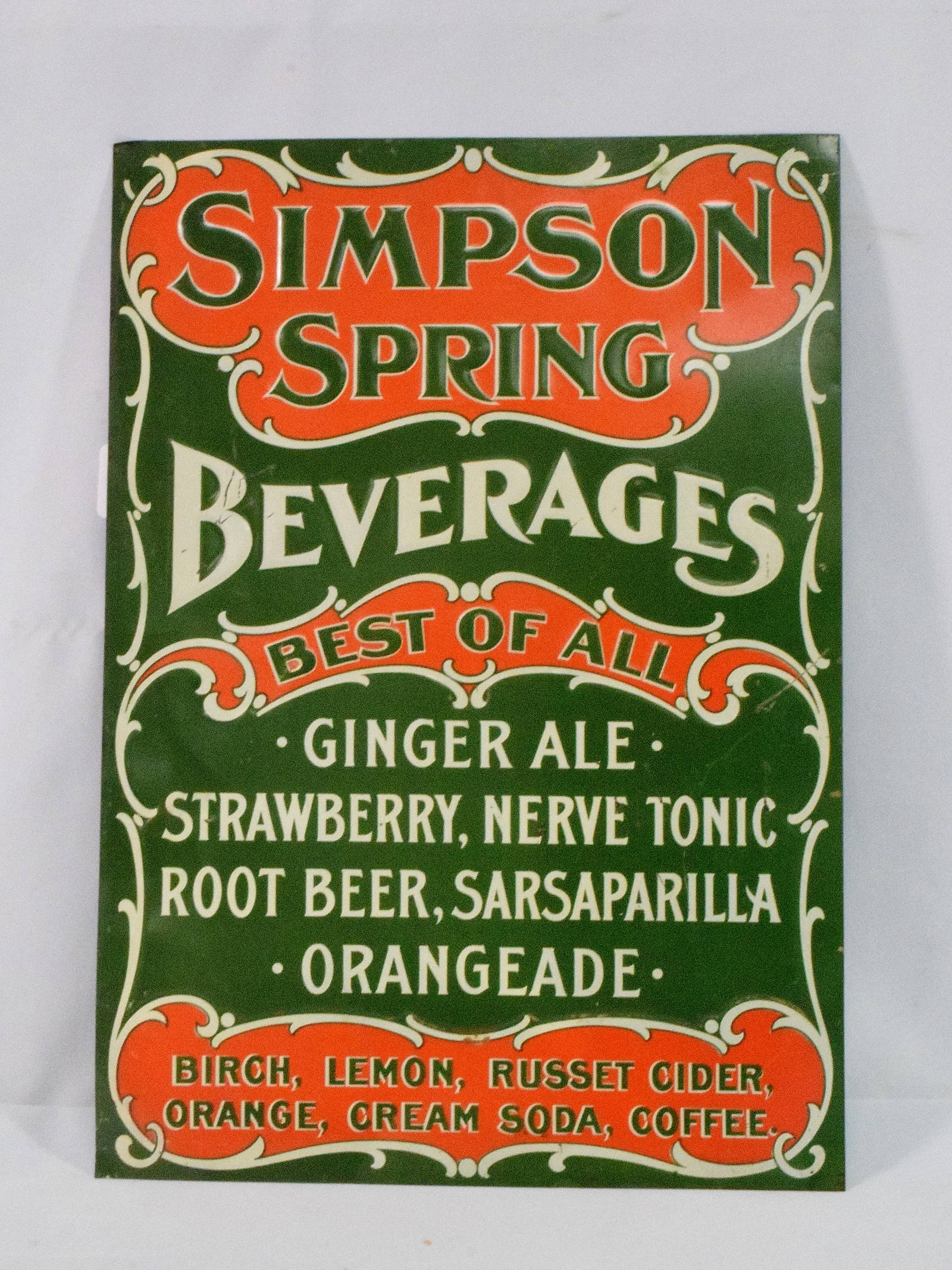 Simpson Spring Beverages Embossed Sign Auction