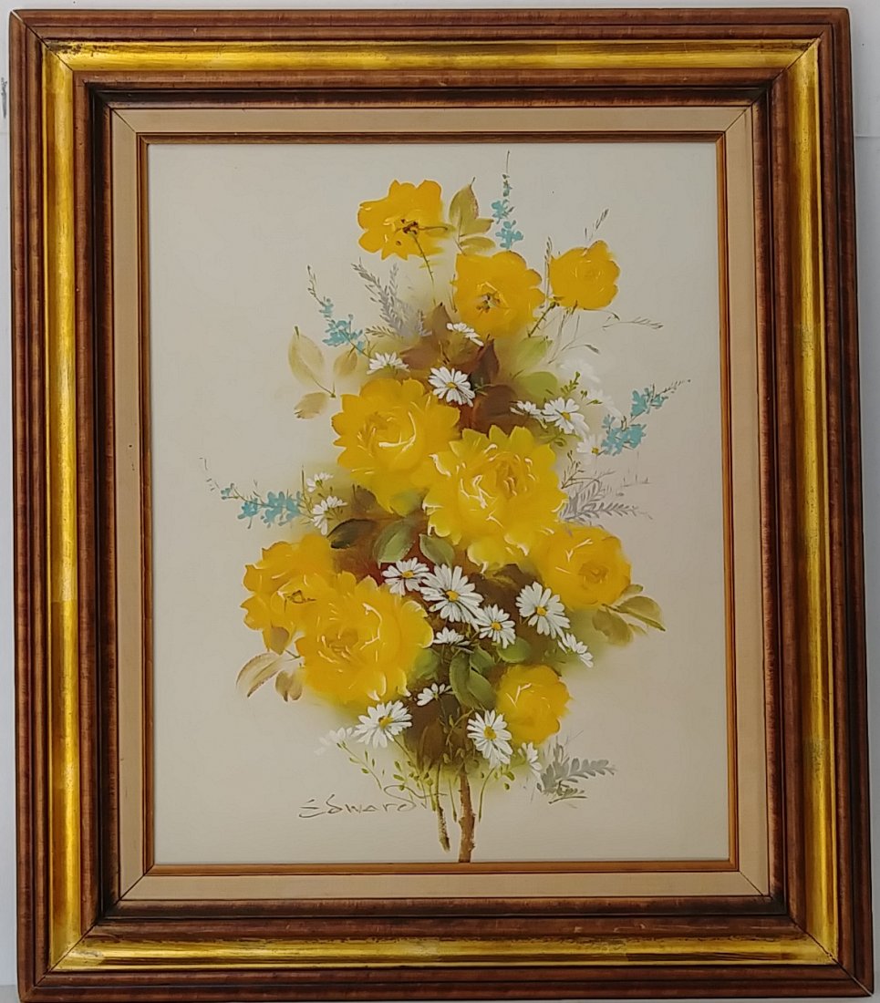 Signed Edward Oil Painting Yellow Rose Flower.