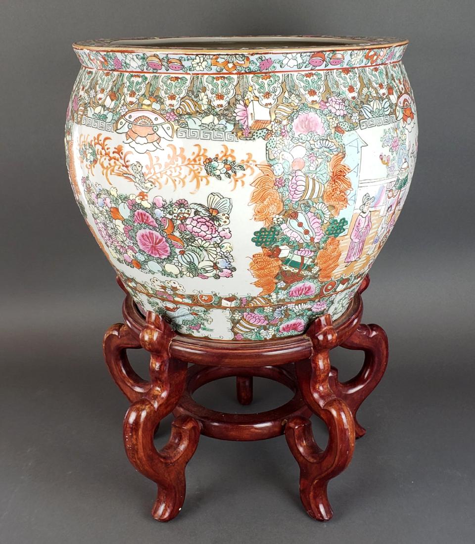 Chinese Porcelain Planter on Wooden Stand