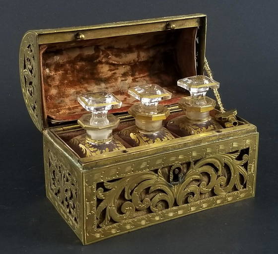 Gilt Bronze Treasure Box W/ 3 Perfume Bottles & Key,