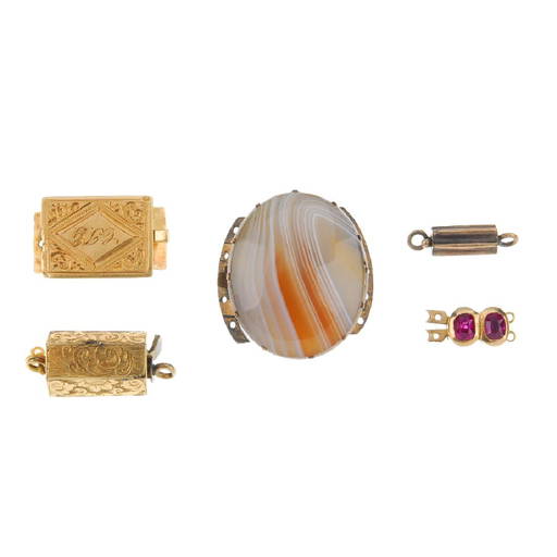 Five 19th Century Clasps. To Include A Push Piece Clasp