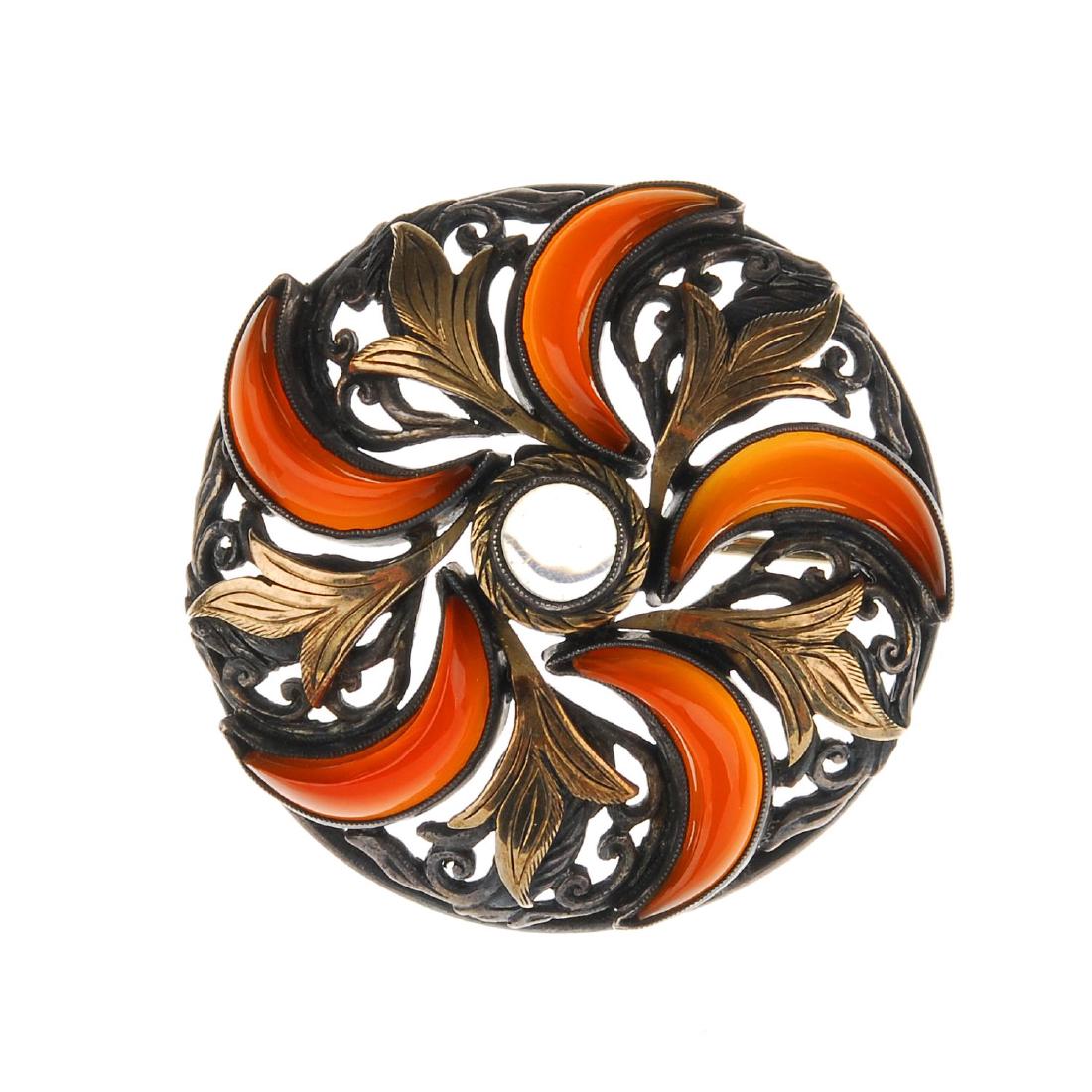 SYBIL DUNLOP - a silver moonstone and carnelian brooch.