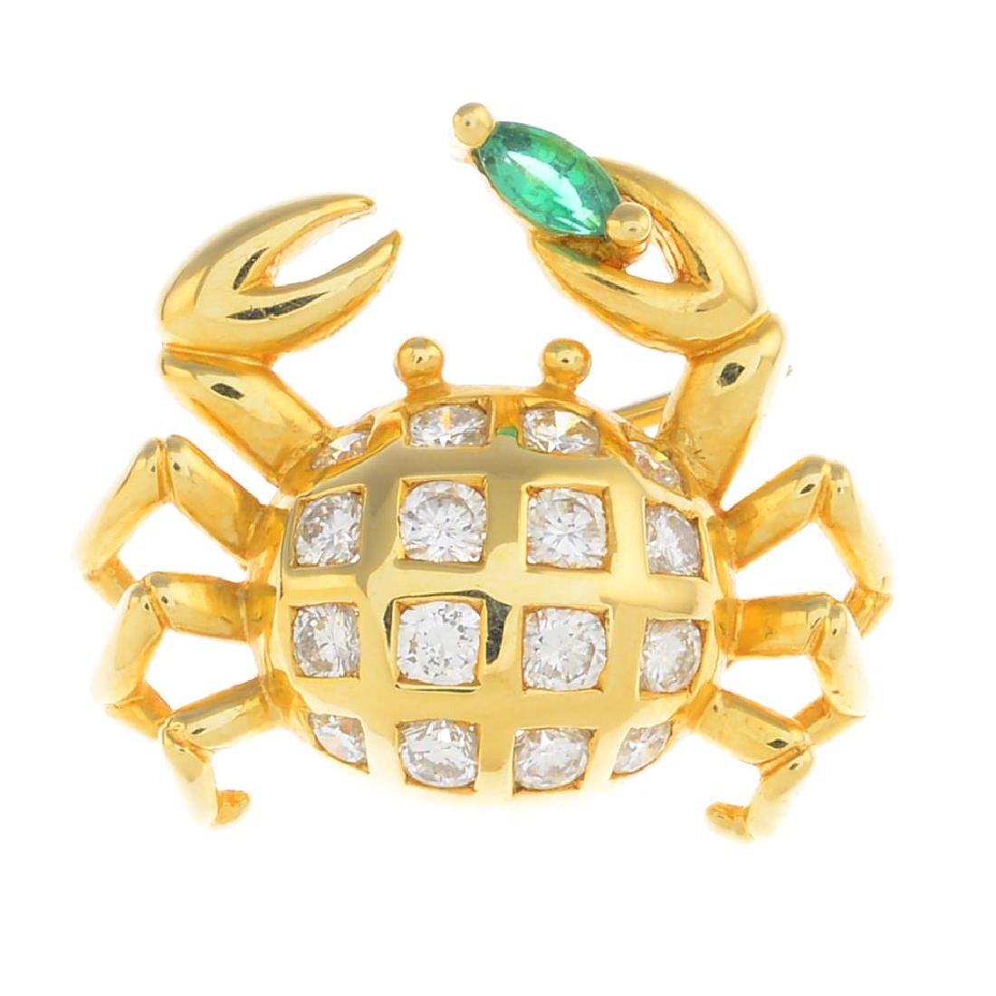 An Emerald And Diamond Crab Brooch. Designed As A Crab,