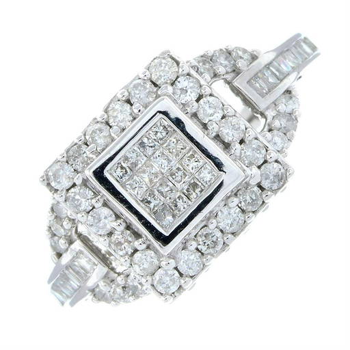 A 9ct Gold Square Shape Diamond Ring, With Vari Cut Diamond Sides.