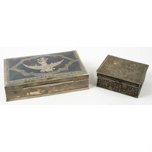 A wood lined table cigarette box, marked sterling; together with a ...
