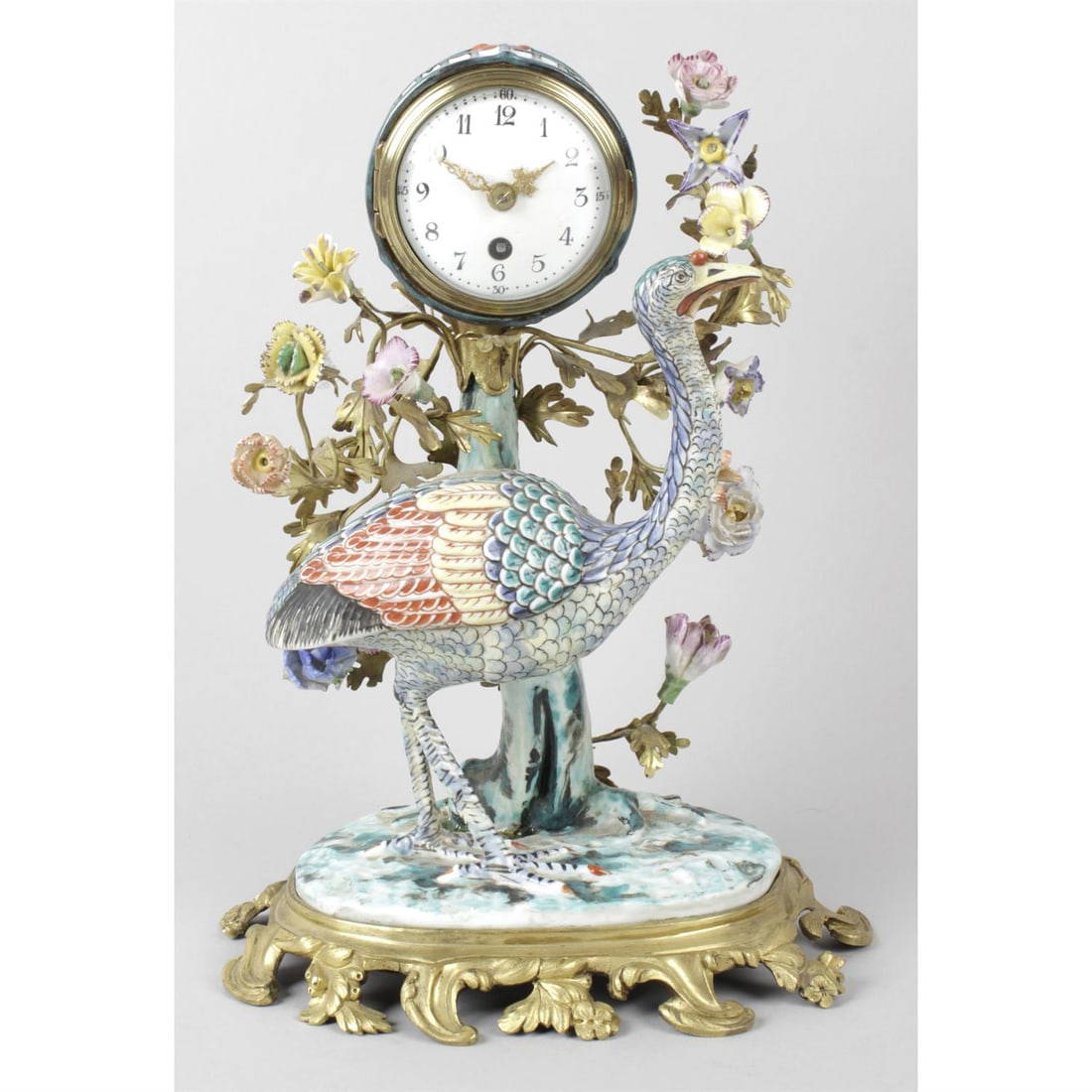 A Samson Ormolu Mounted Porcelain Ostrich Clock. Auction