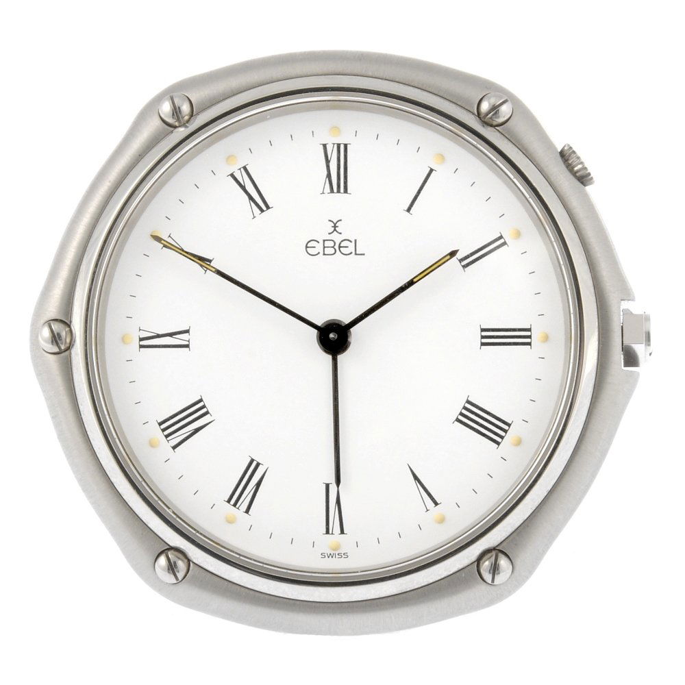 A stainless steel quartz Ebel desk clock.