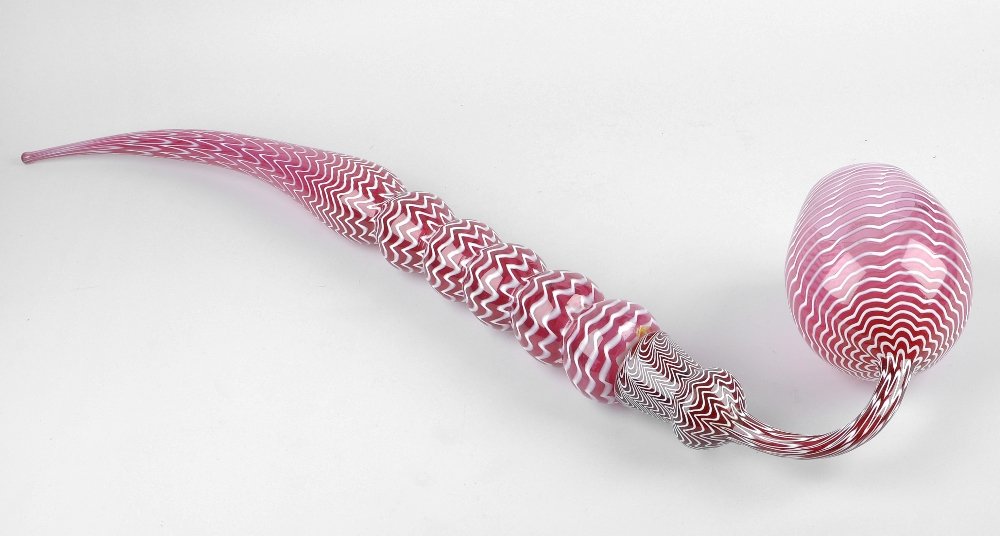 A good Victorian 'Nailsea' cranberry glass frigger pipe