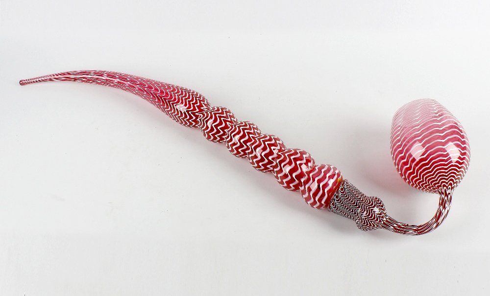 A good Victorian 'Nailsea' cranberry glass frigger pipe