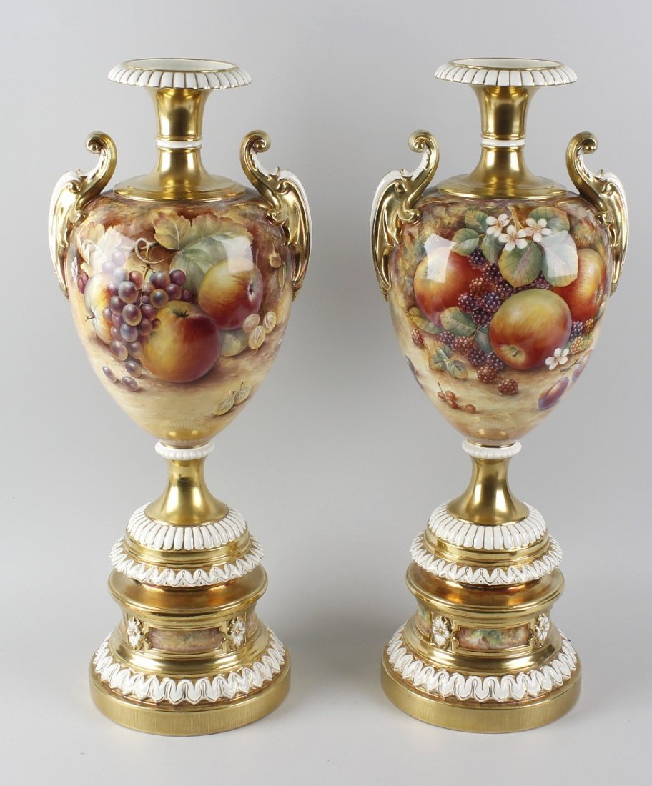 A fine large pair of Royal Worcester porcelain vases,