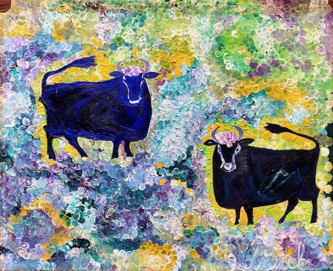 Modernist Primitive Painting Of Cows, Signed