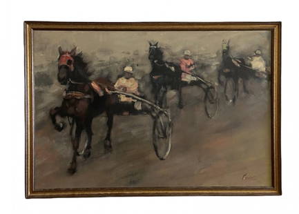 Harness Horse Racing Impressionist Painting, Signed
