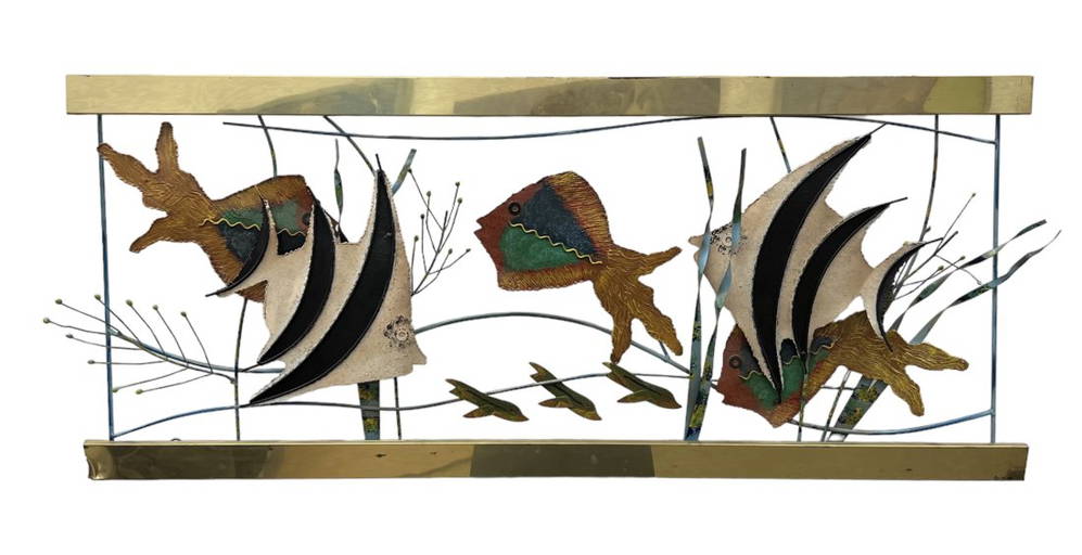 Vintage Curtis Jere Fish Aquarium Made Of Brass And Painted Metal, 1990's