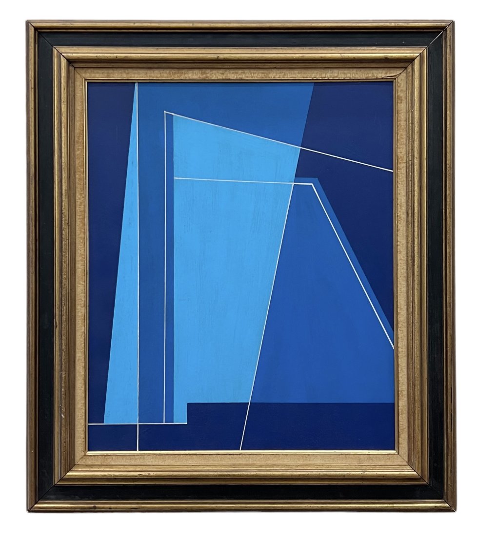 Mid Century Modern Hard Edge Geometric Abstract Painting, Unsigned