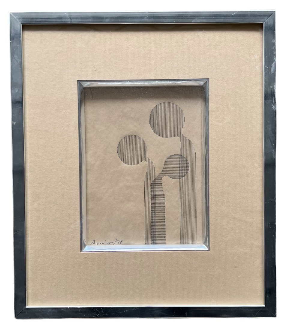 Mid Century Modern Ink Drawing Of Figures, Signed