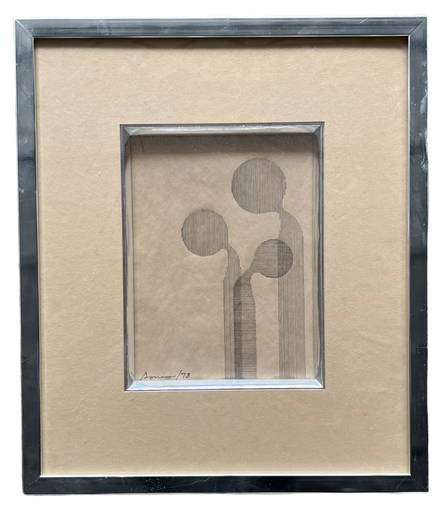 Mid Century Modern Ink Drawing Of Figures, Signed