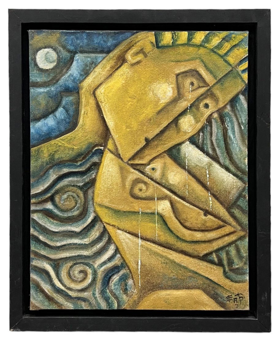 Mexican Cubist Folk Art Painting, Signed Auction