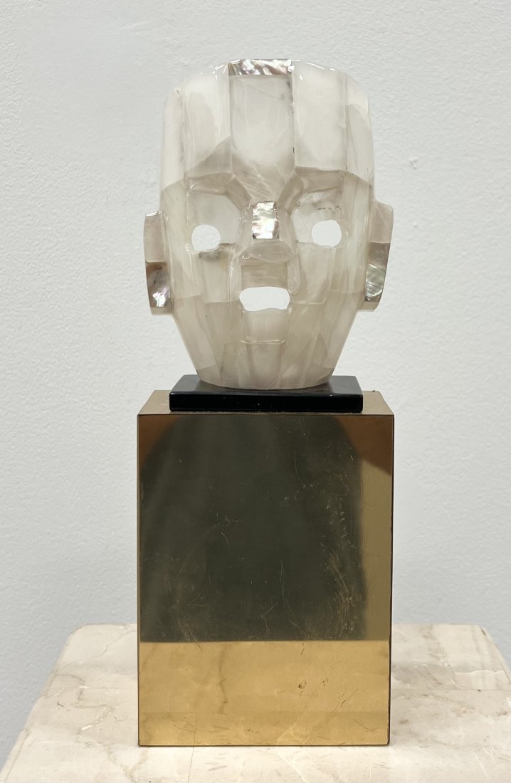 Mexican Mayan Aztec Mask Abolone Shell Sculpture On Brass Base