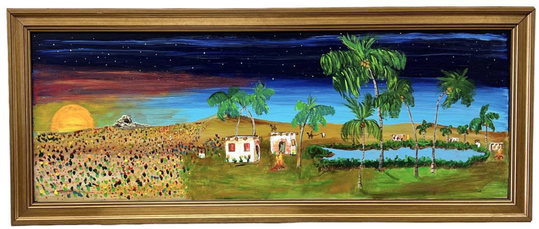 Chilean Folk Art Naive Desert Landscape Painting, Signed Auction