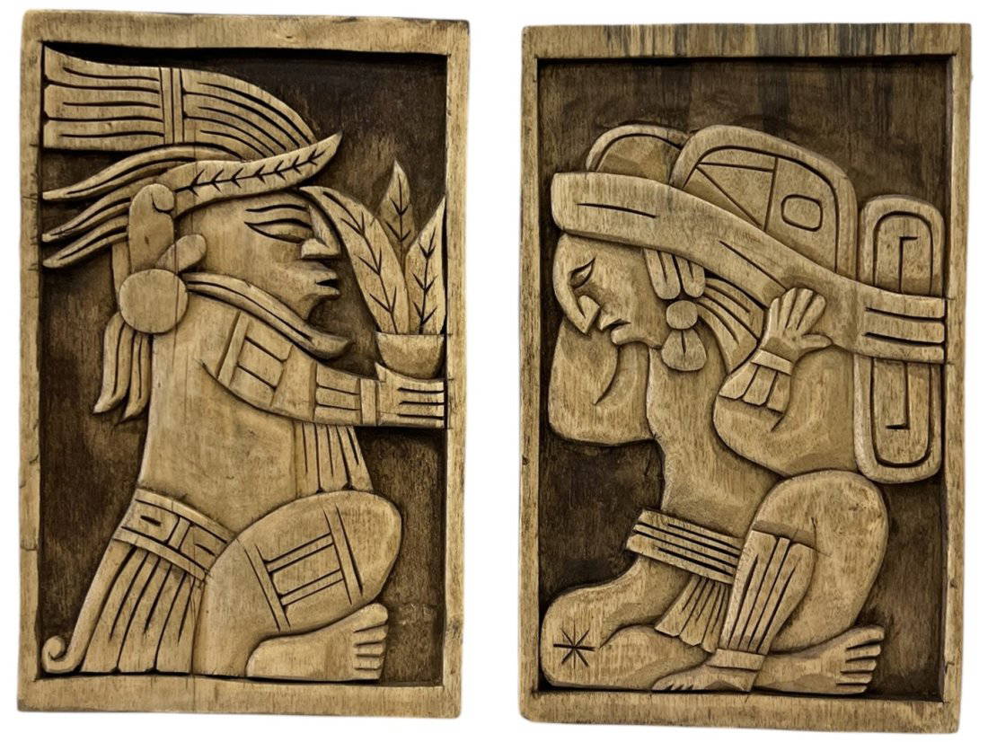 Pair Of Wood Mexican Mayan Relief Plaques Auction