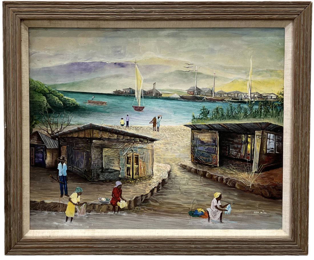 Ulrick M Jean (20th C, Haiti) Coastal Village Scene Auction