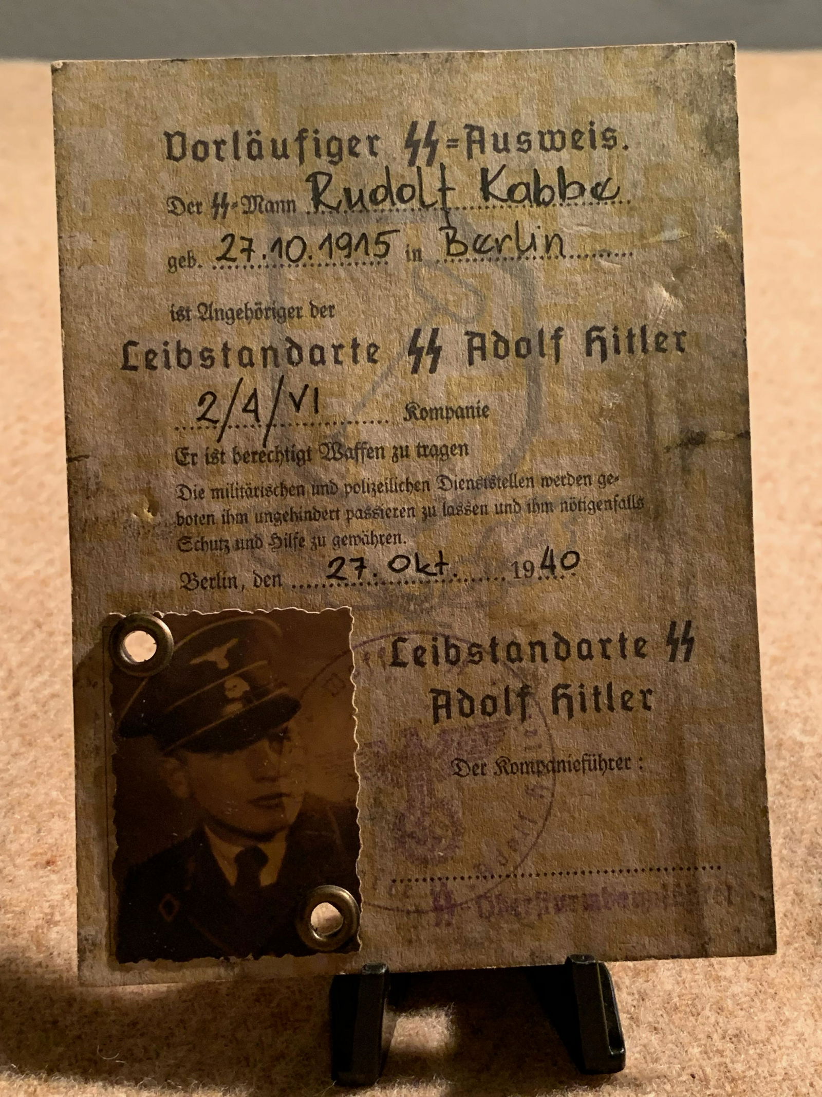 RARE WW2 GERMAN SS SOLDIERS ID CARD - Nov 16, 2019 | Rare Treasures in PA