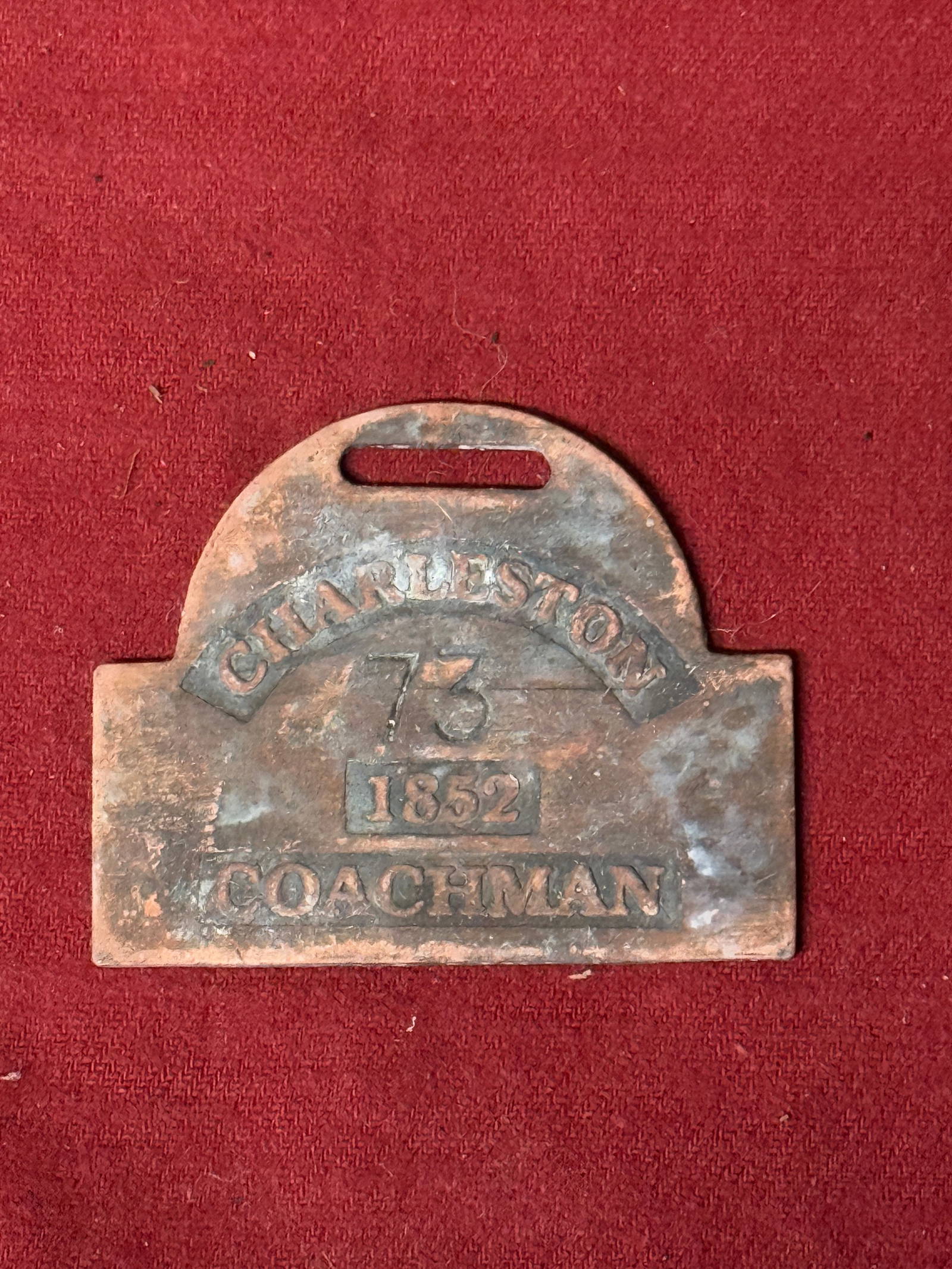 Dated 1852 Charleston #73 Coachman Servant Id Slave Tag Auction