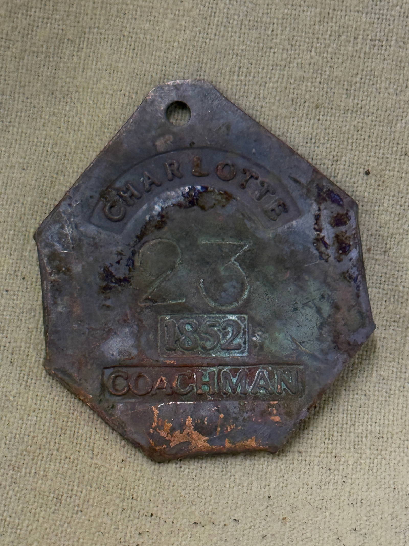 1852 Charlotte Coachman #23 Slave Tag Servant Id Auction