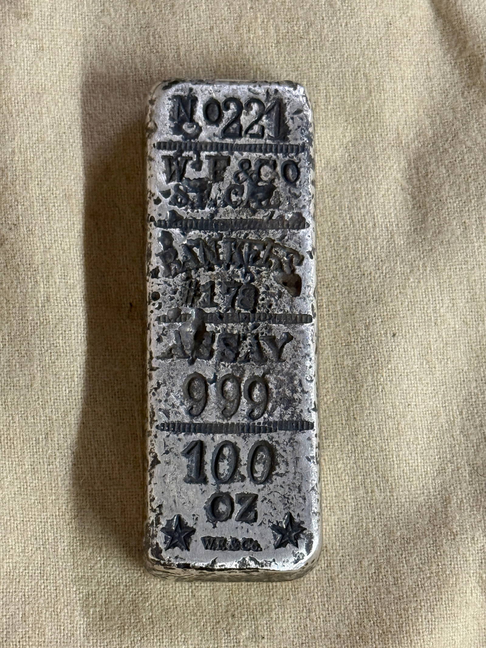 1856 Wells Fargo & Co. 10.0 Ozt .999 Pure Silver Bar No 221 Bankers ...