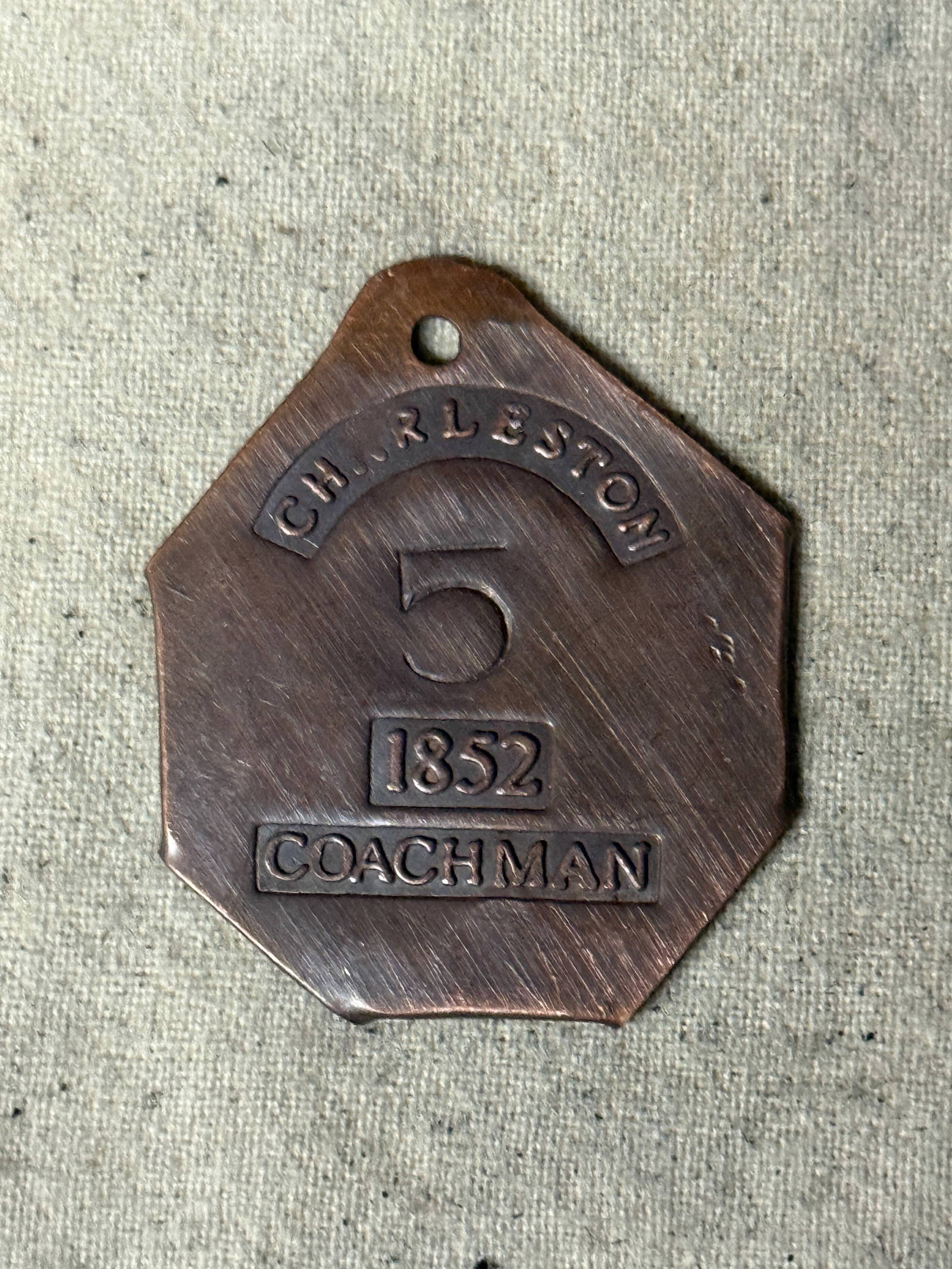Dated 1852 Charleston #5 Coachman Slave Tag Servant Id Auction