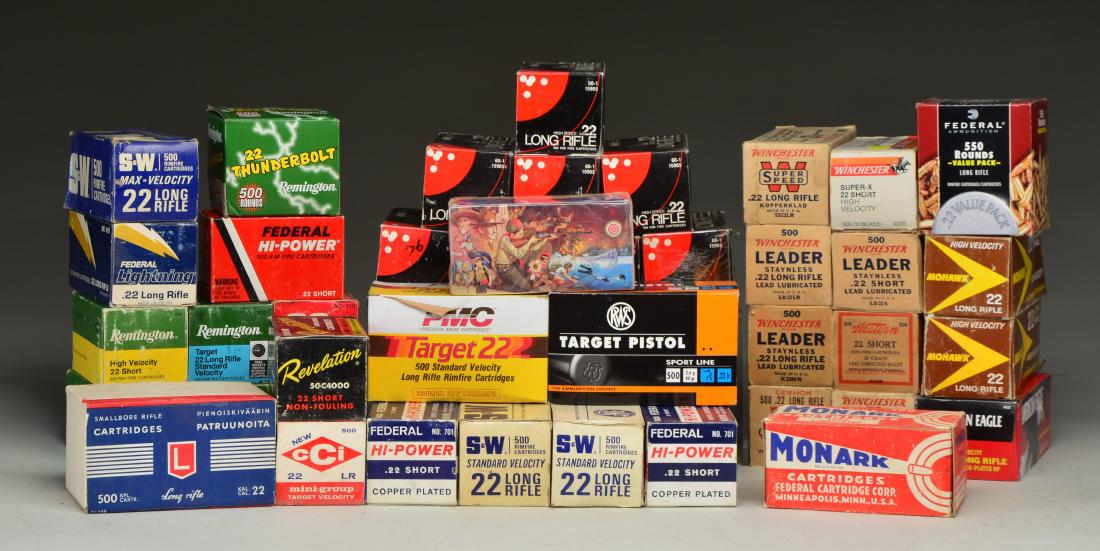 LARGE GROUPING OF 22 RIMFIRE AMMUNITION IN BRICKS.