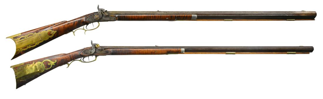 2 ANTIQUE HALF STOCK PERCUSSION RIFLES.